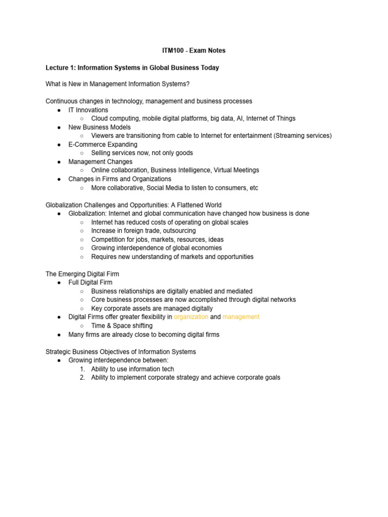Itm100 Exam Notes Pdf Relational Database Supply Chain Management