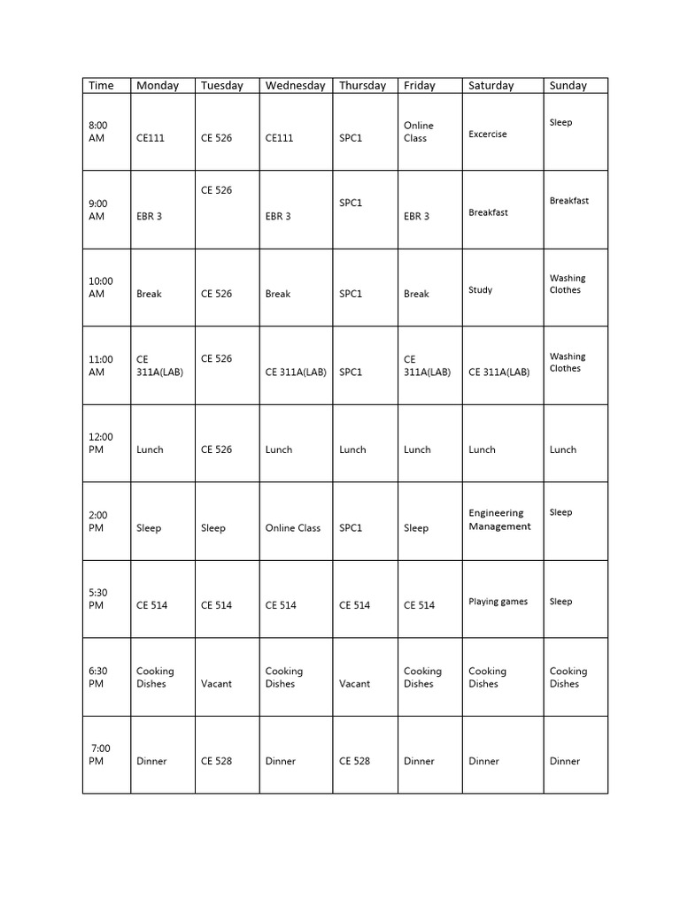 Weekly Student Schedule Overview | PDF