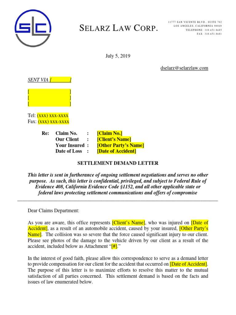 Settlement Demand Letter for Auto Accident | PDF | Negligence | Pain