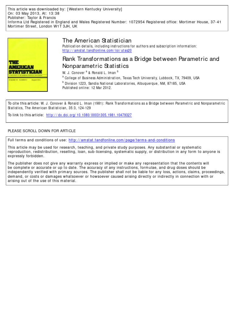 Conover and Iman 1981 Rank Transformations As A Bridge Between Parametric and Nonparametric ...