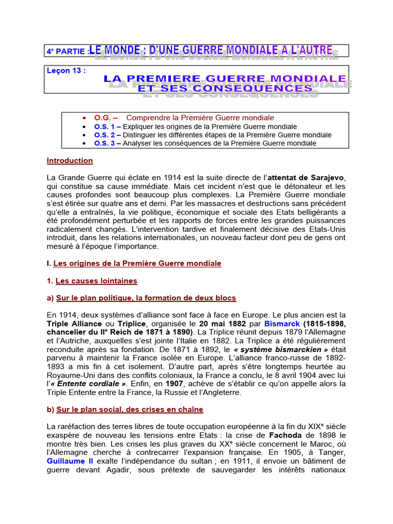 Leçon 13 - La Première Guerre Mondiale Et Ses Conséquences | PDF ...