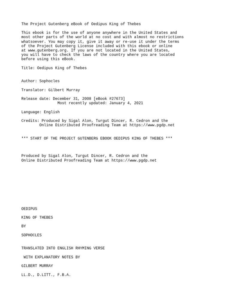 Oedipus King of Thebes by Sophocles | PDF | Oedipus