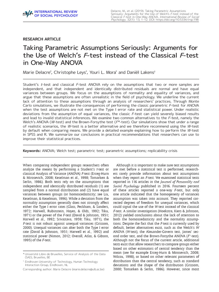 Delacre Et Al 2019 Taking Parametric Assumptions Seriously Arguments ... Delacre Et Al 2019 Taking Parametric Assumptions Seriously Arguments ...