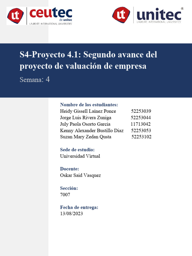 S4-Proyecto 4.1 - Tercer Avance Del Proyecto de Valuación de Empresa | PDF | Tasa interna de ...