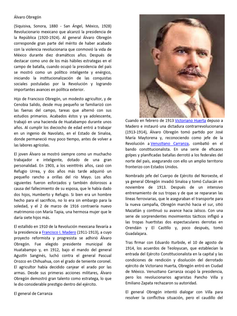 biografia Álvaro Obregón | PDF | revolución mejicana | Guerras de los ...