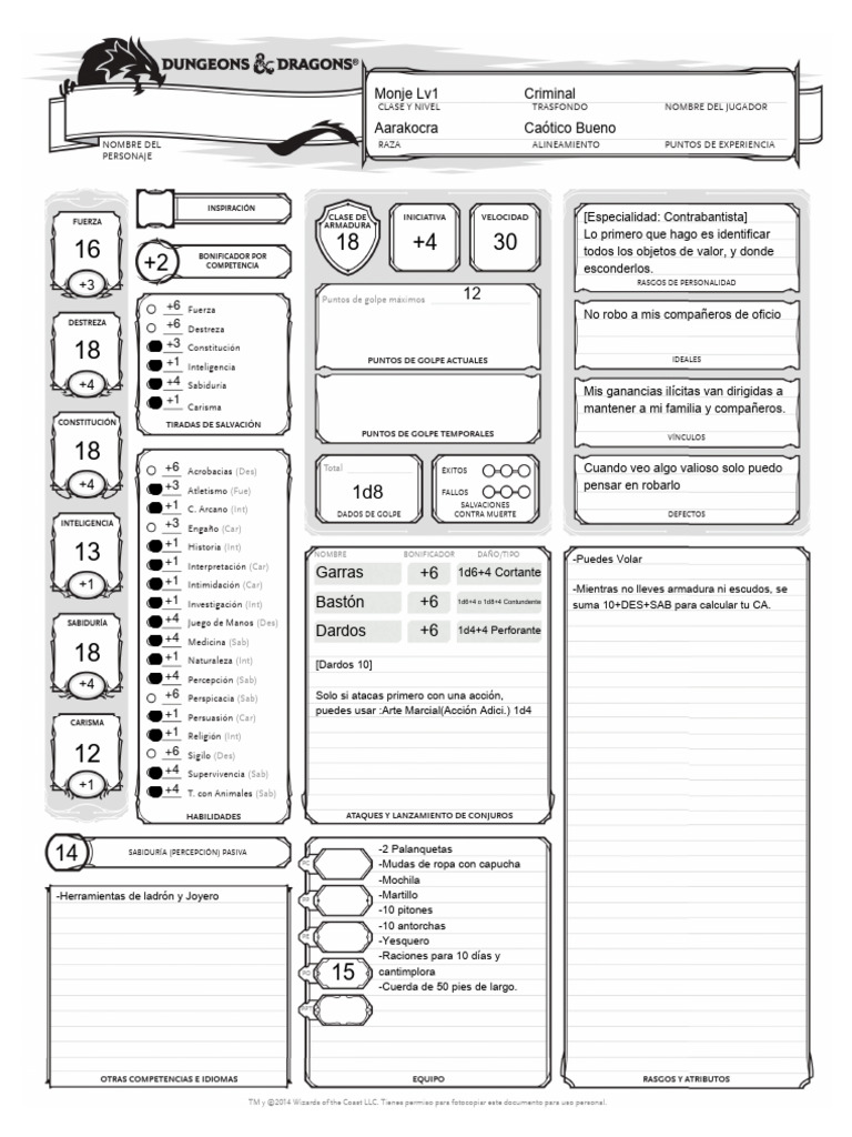 Aarakocra - Monje - lv1 (Overpower) | PDF