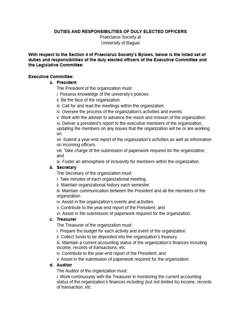 Duties and Responsibilities of Duly Elected Officers | PDF | Presidents ...