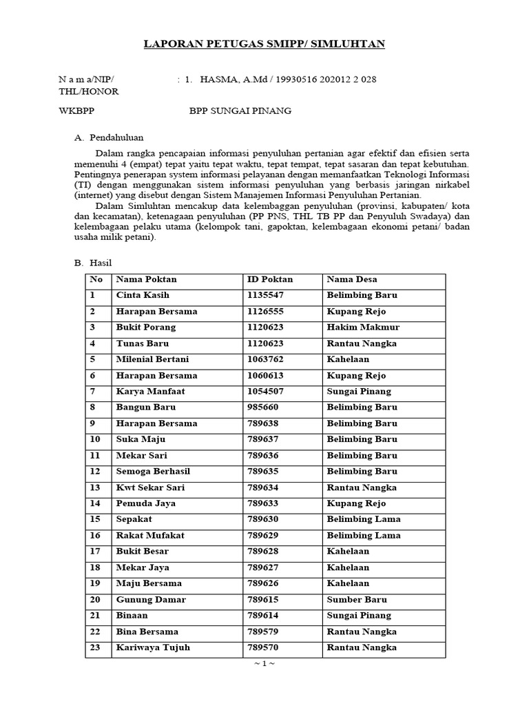 LAPORAN PETUGAS Simluhtan 2022 | PDF