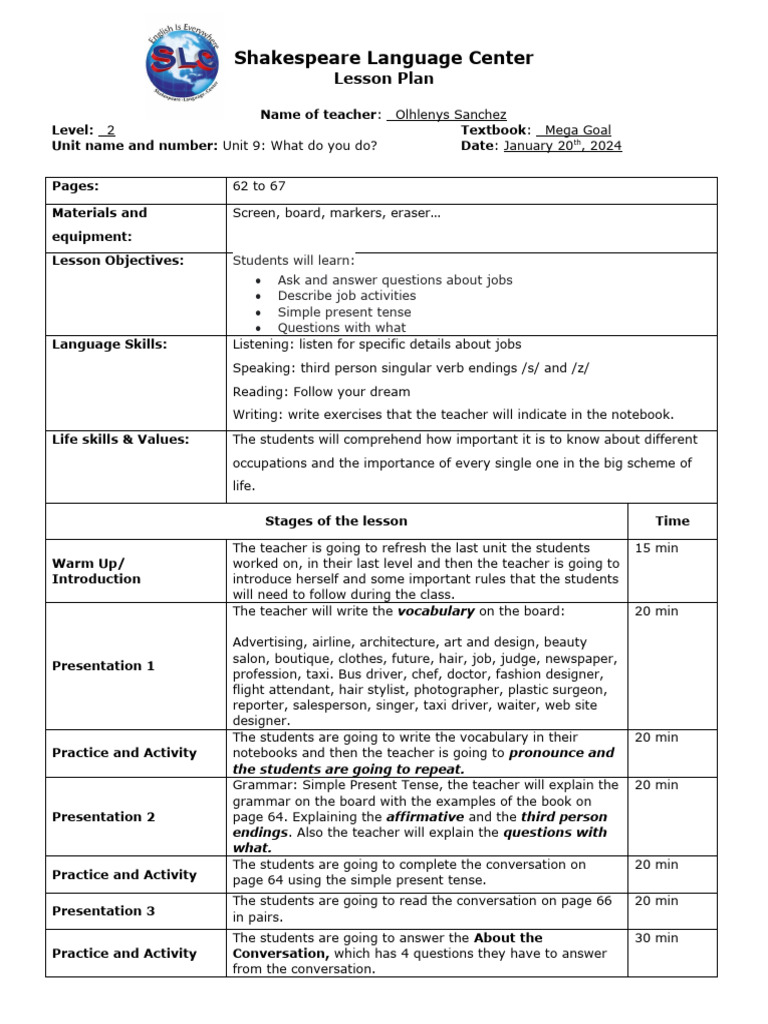 Lesson Plan SLC jan 20th, 2023_103906 | PDF