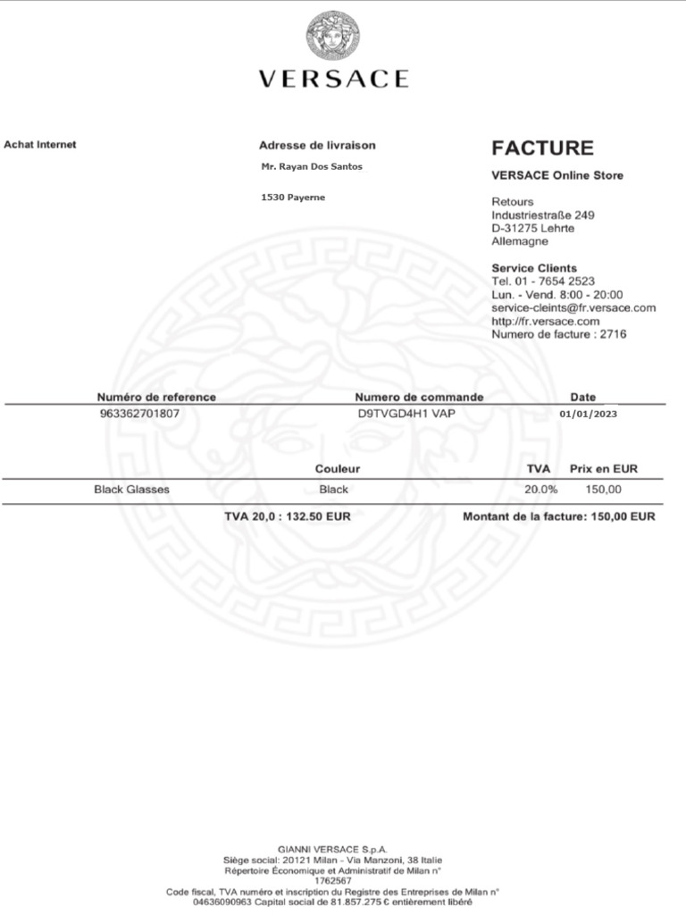 Facture VERSACE | PDF