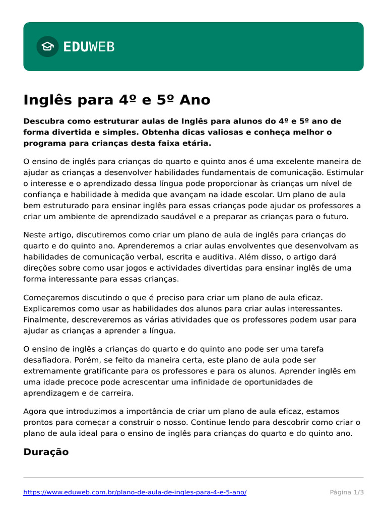 Plano de Aula de Ingles para 4 e 5 Ano | PDF | Aprendizado | Língua inglesa