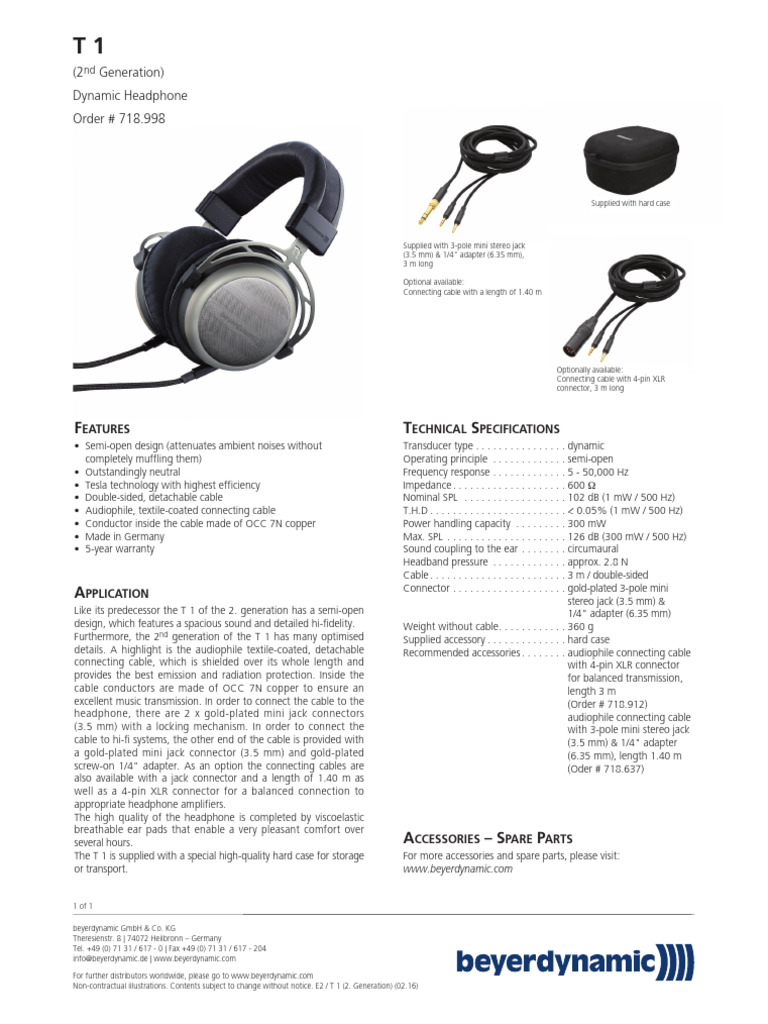 Bayerdinamic T1 Specifications | PDF | Headphones | Information And ...