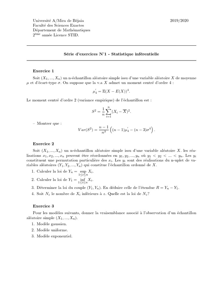 Série N°1 Statistiques Inférentielles | PDF | Méthodes et références ...