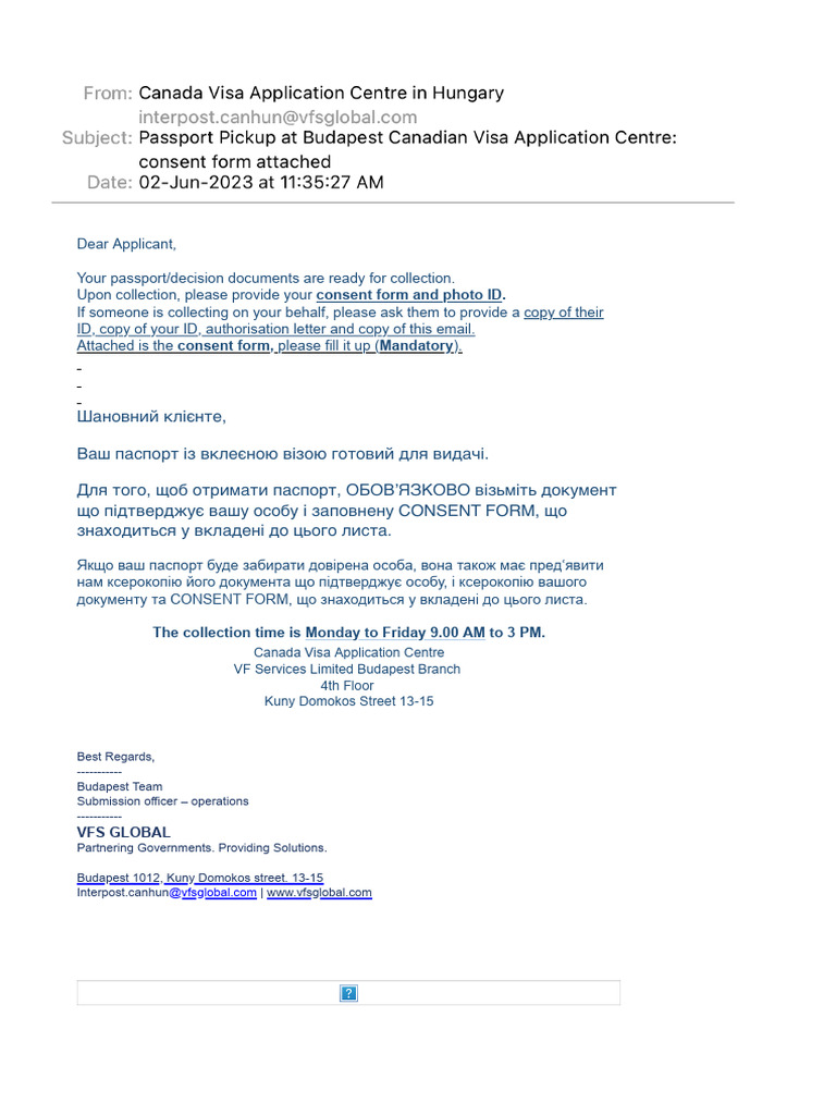 Passport Pickup at Budapest Canadian Visa Application Centre Consent Form Attached | PDF ...