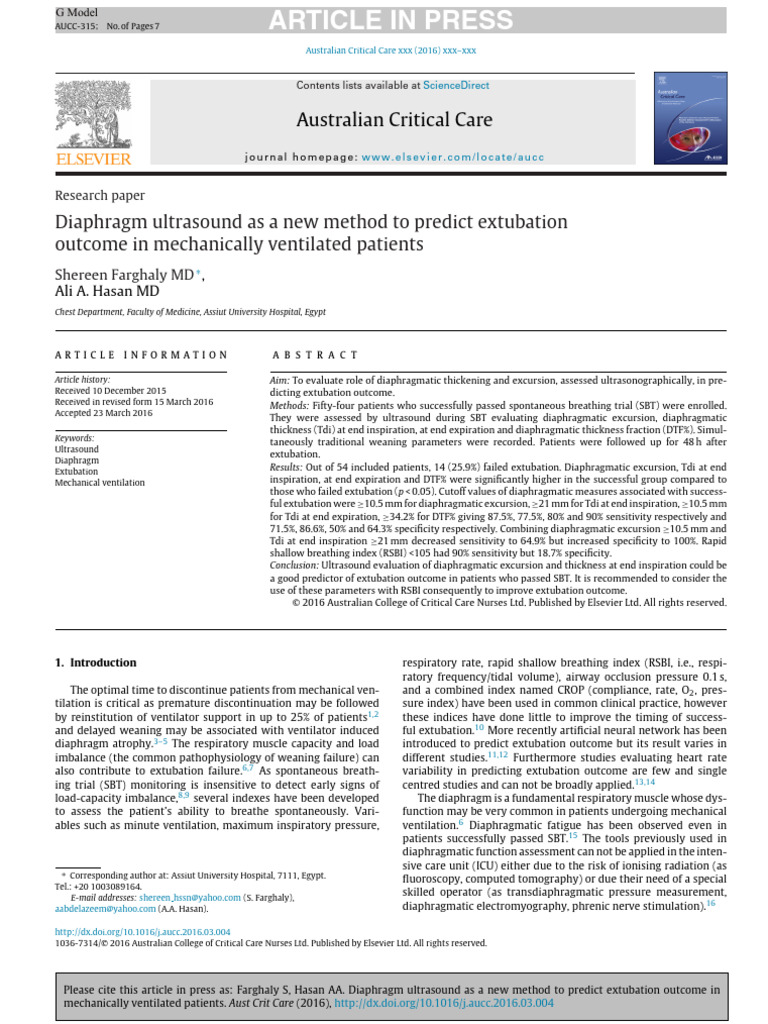 Diaphragm Ultrasound As A New Method To Predict Extubation Outcome in ...