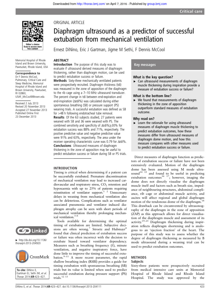 Diaphragm Ultrasound As A Predictor of Successful Extubation | Download ...