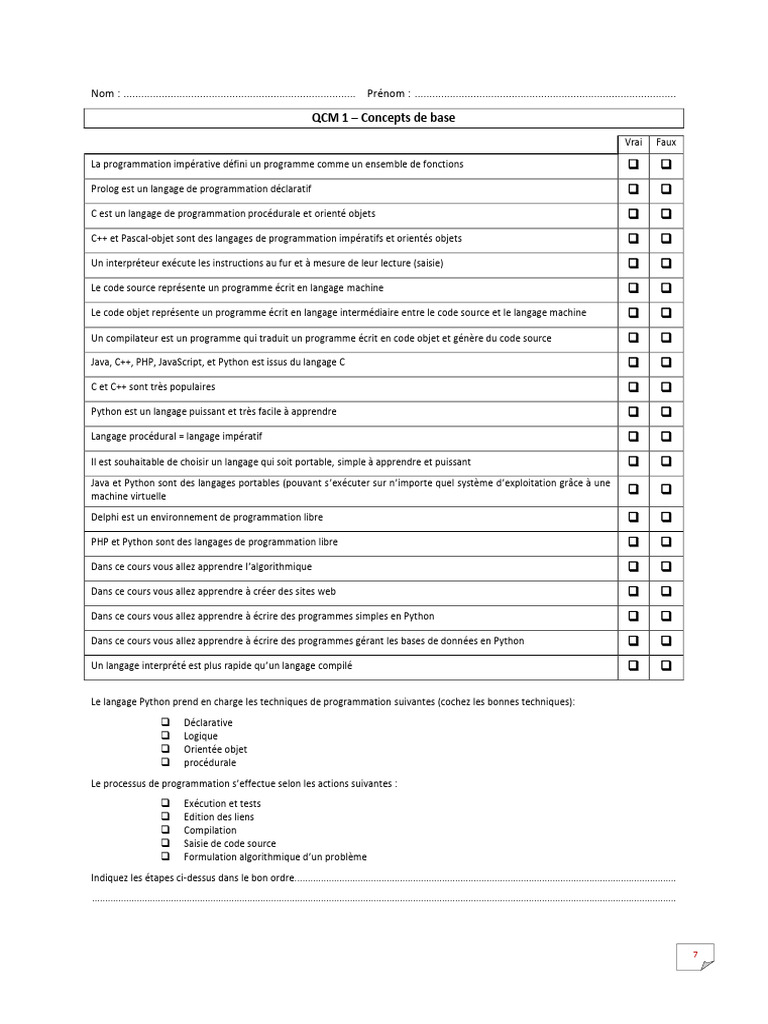 QCM 1 - Concepts de Base | PDF | Programmation informatique | Langage de programmation