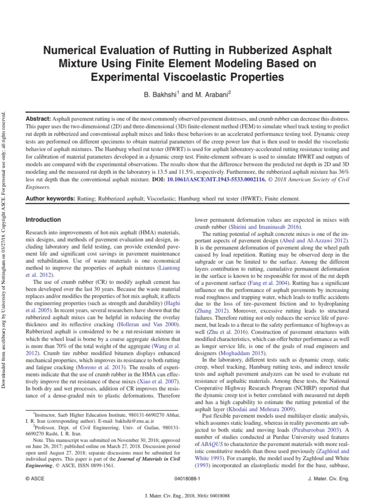Numerical Evaluation of Rutting in Rubberized Asphalt Mixture Using ...