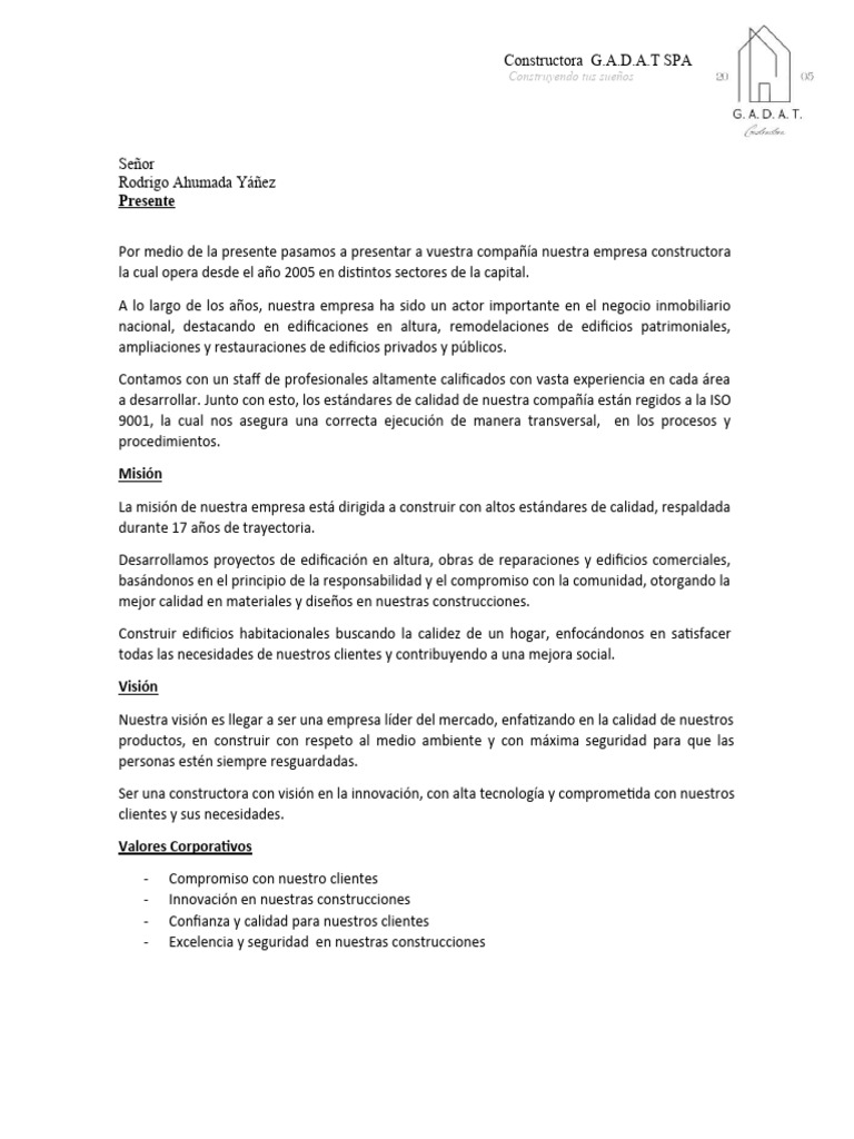 Carta de Presentación Constructora G.A.D.A.T | Descargar gratis PDF | Business | Economias