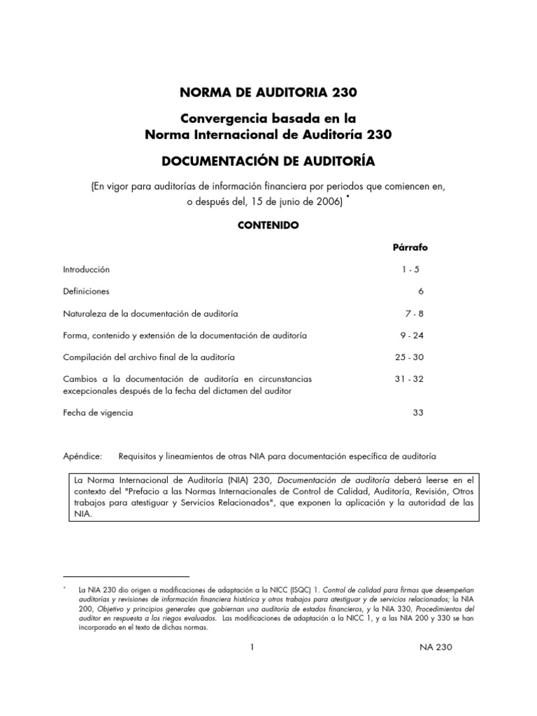 Documentación de Auditoría NIA 230 | PDF | Auditoría financiera | Contralor