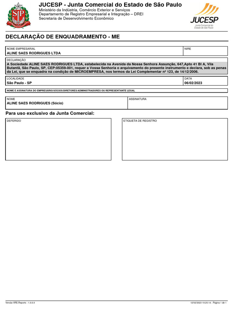 Declaração de Enquadramento - Microempresa | PDF