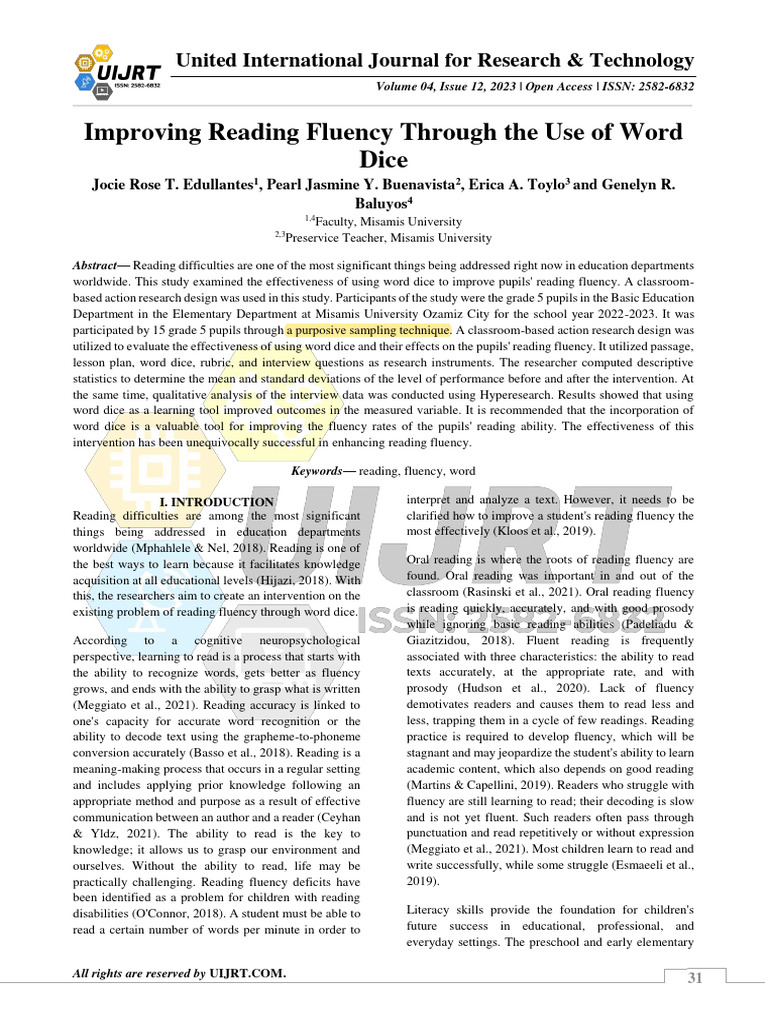 Improving Reading Fluency Through The Use of Word Dice | PDF | Reading ...