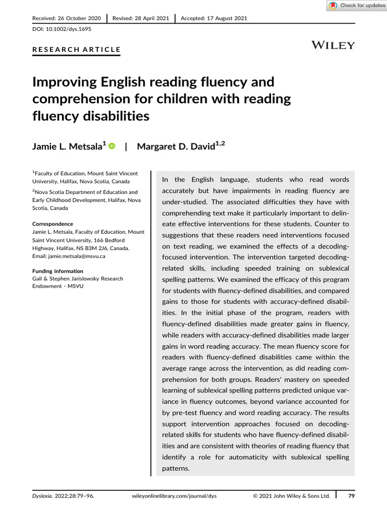 Dyslexia - 2021 - Metsala - Improving English Reading Fluency and Comprehension For Children ...