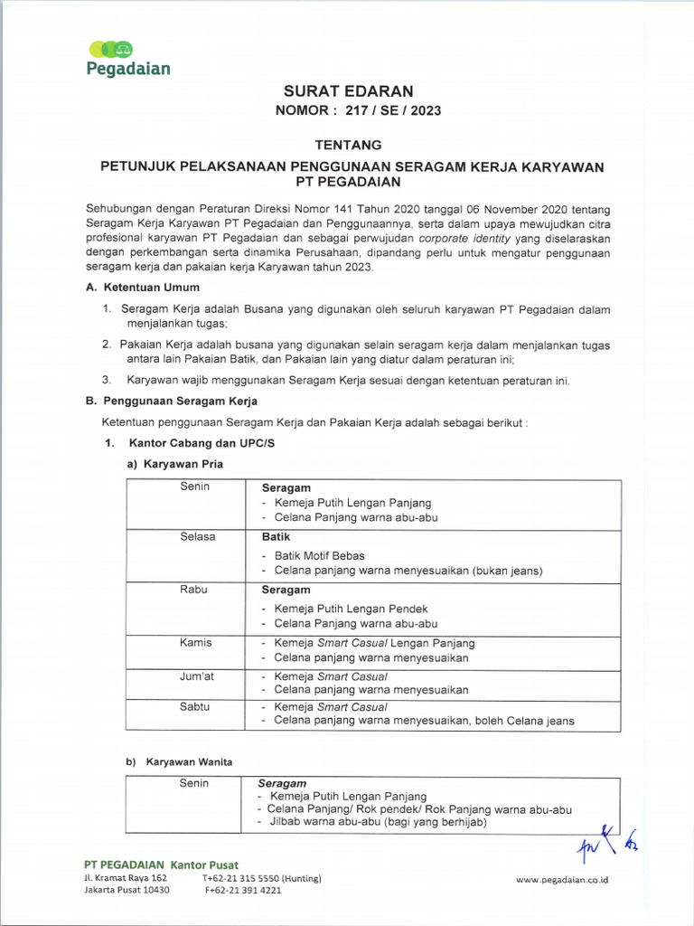 Se 217 - Petunjuk Pelaksanaan Penggunaan Seragam Kerja Karyawan PT Pegadaian | PDF