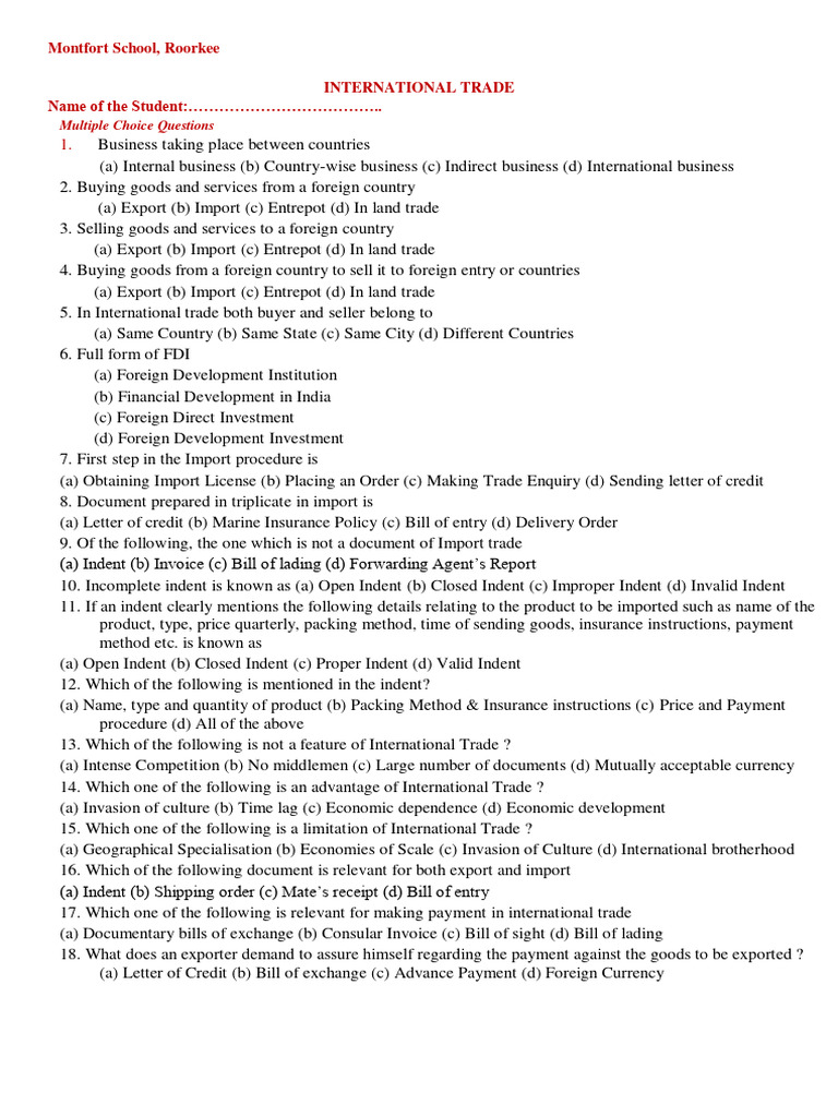 INTERNATIONAL TRADE-Work Sheet | PDF | Letter Of Credit | Bill Of Lading