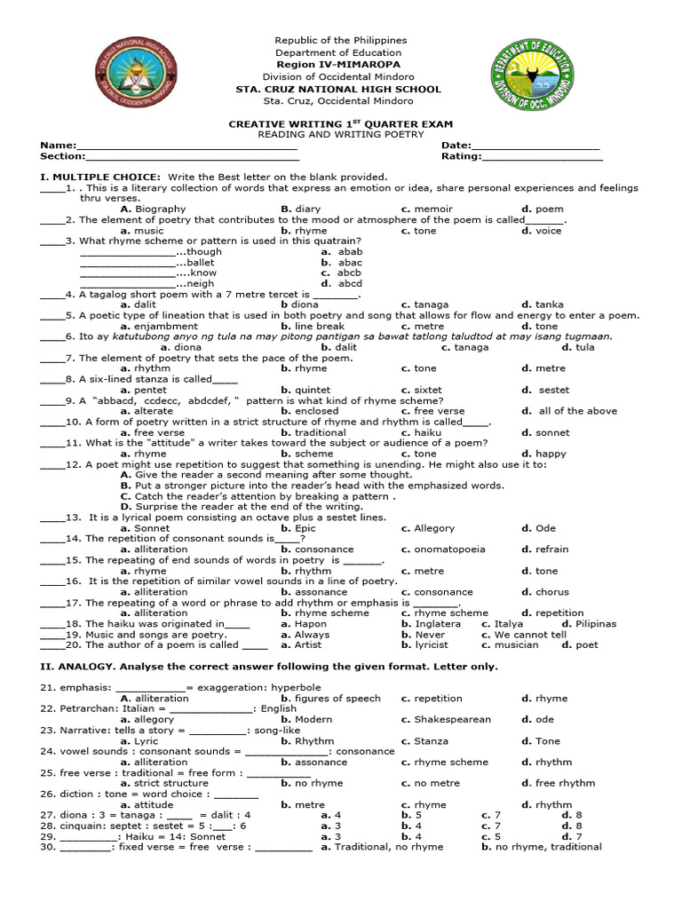 2018 1st QUARTER EXAM - CW FINAL | PDF | Poetry | Rhyme