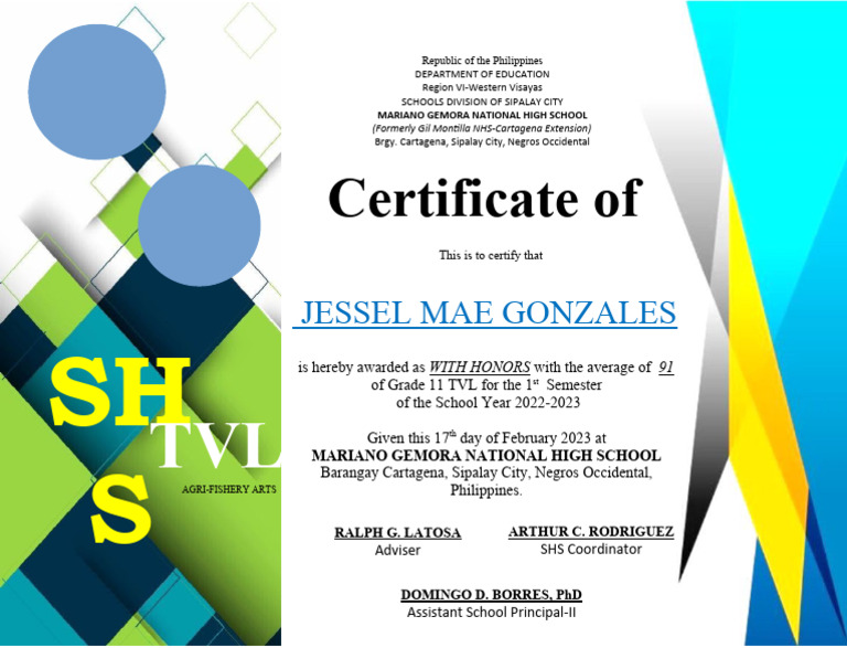 Cert of Honors 2022-2023 SHS TVL-1 | PDF