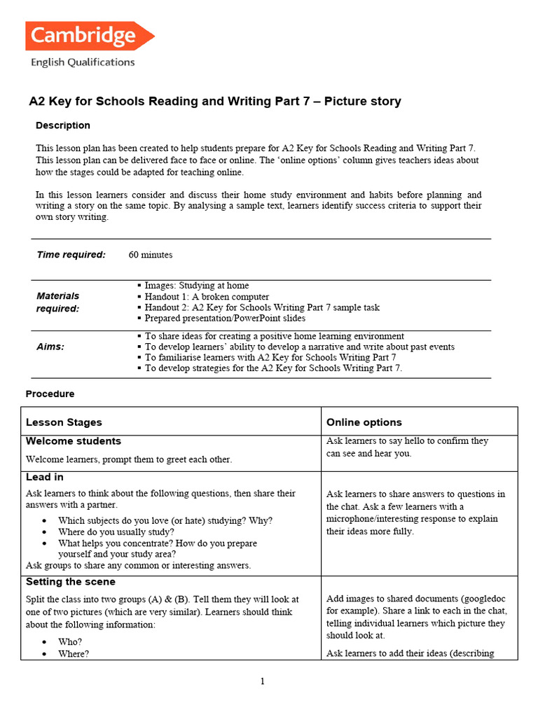 Online Teaching A2 Key For Schools Reading and Writing Part 7 Picture ...