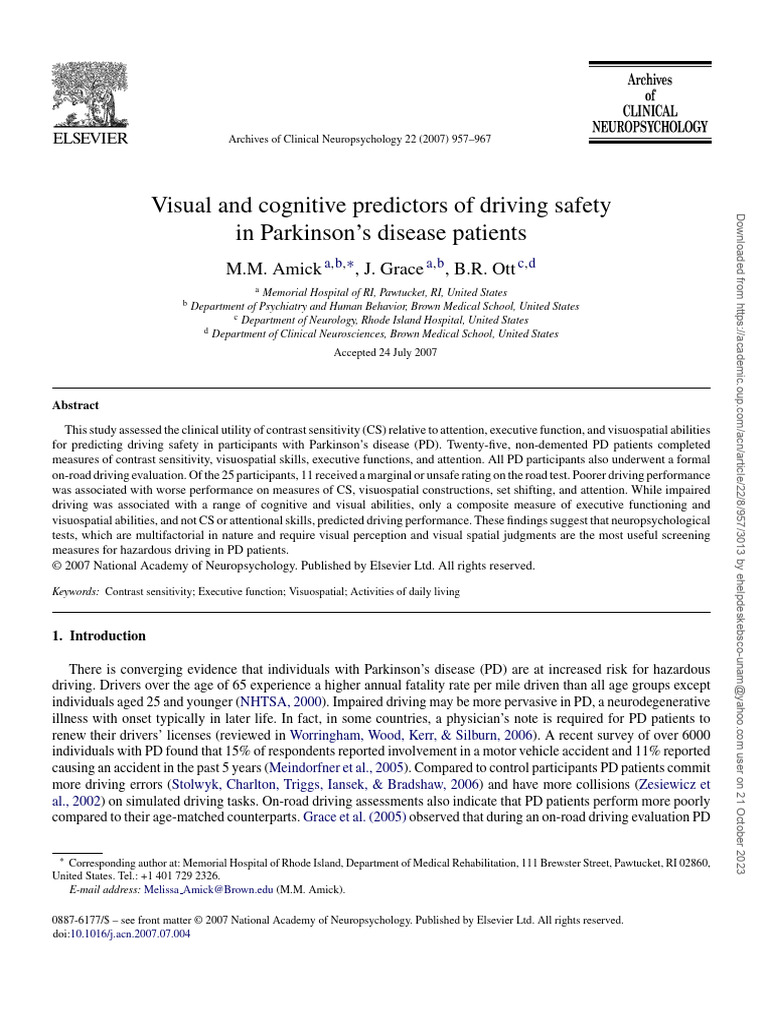 Visual and Cognitive Predictors of Driving Safety | PDF | Parkinson's ...