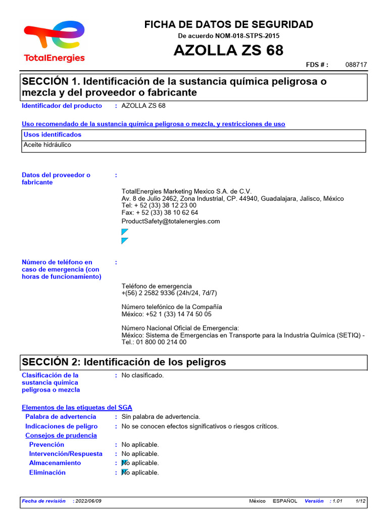 Ficha de Seguridad AZOLLA ZS 68 | PDF | Residuos | Ciencia medioambiental