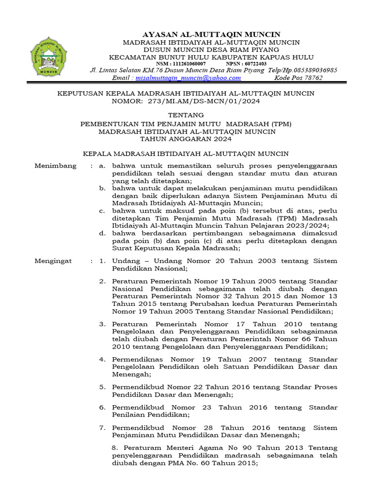 SK Tim Penjamin Mutu (TPM) - Mis Muncin-2024 | PDF | Pengelolaan ...