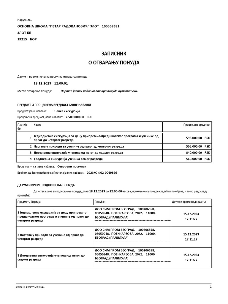 Zapisnik o Otvaranju Ponuda | PDF