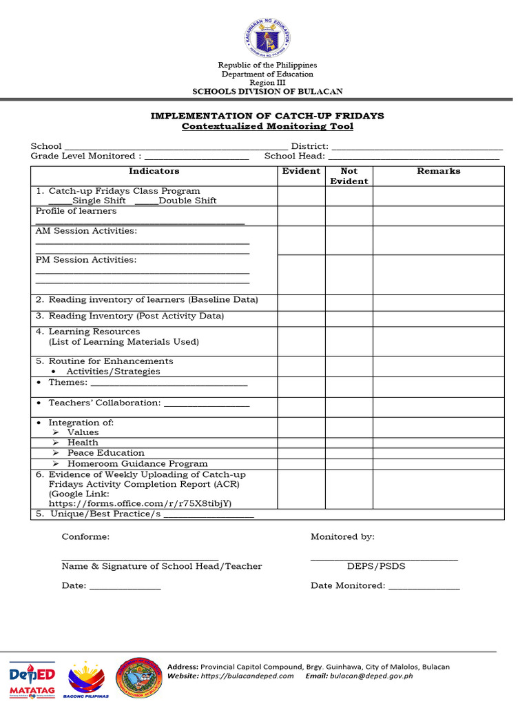 FINAL Contextualized Monitoring Tool For The Implementation of CATCH UP FRIDAYS | PDF