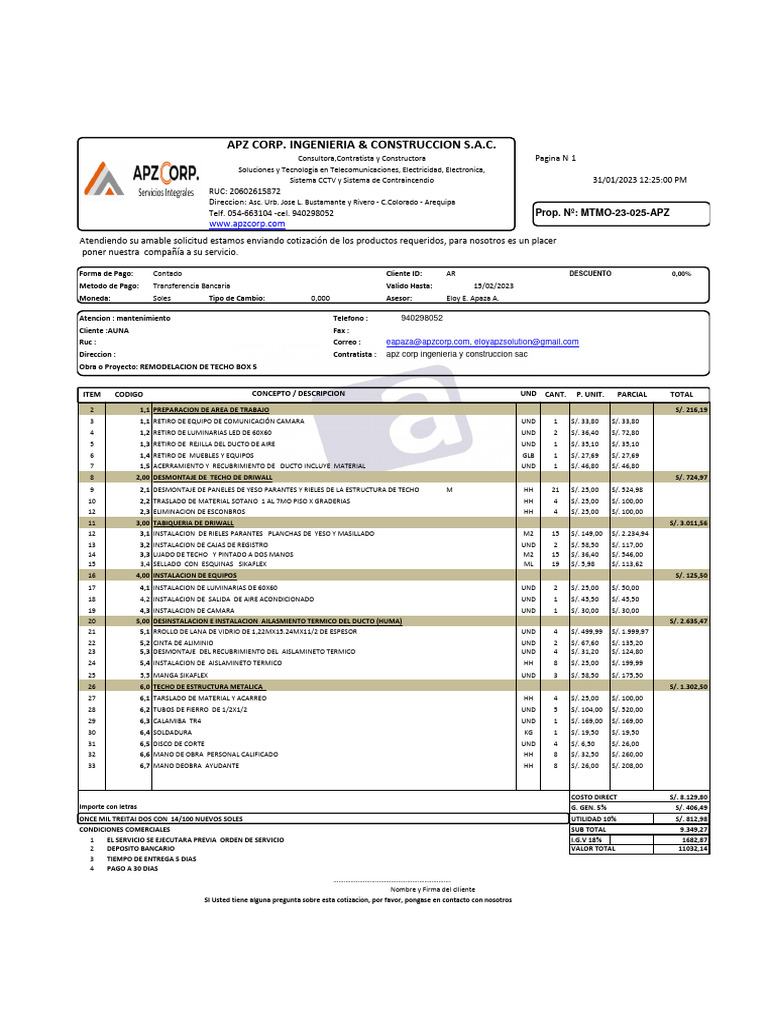 COTIZACION REMODELACION TECHO BOX 5 7MO PISO UCI | PDF | Economias ...