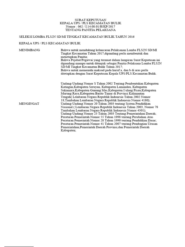 SK Panitia Fls2n SD Kec Bulik | PDF
