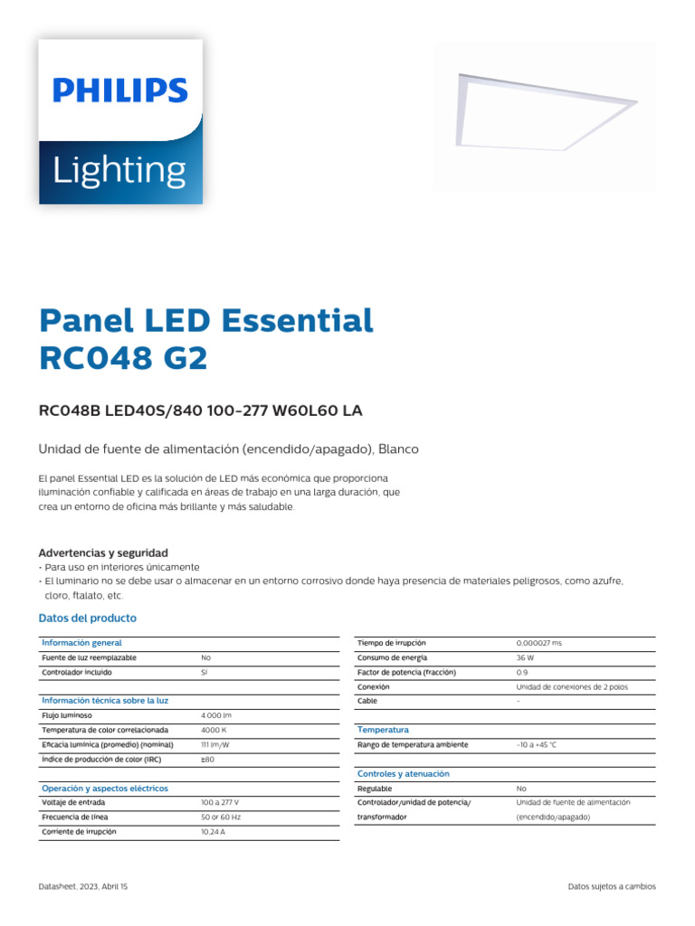 Panel LED Essential RC048 G2: Especificaciones y Uso | PDF | Diodo ...