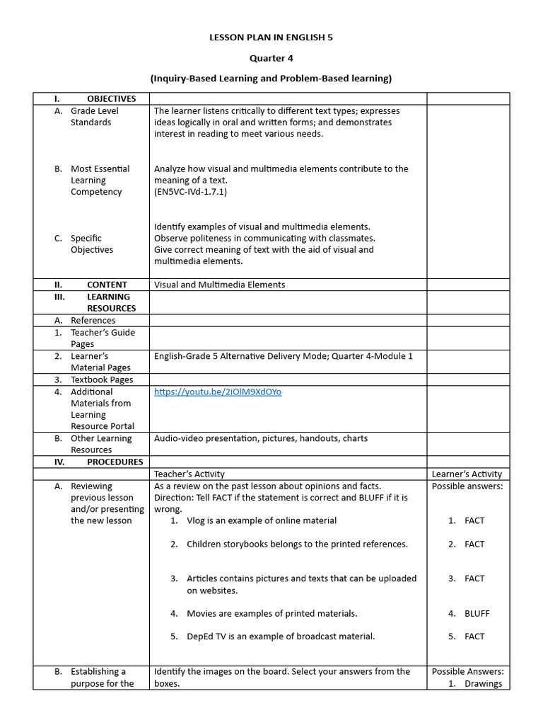 Lesson Plan in English 5 | PDF | Multimedia | Learning