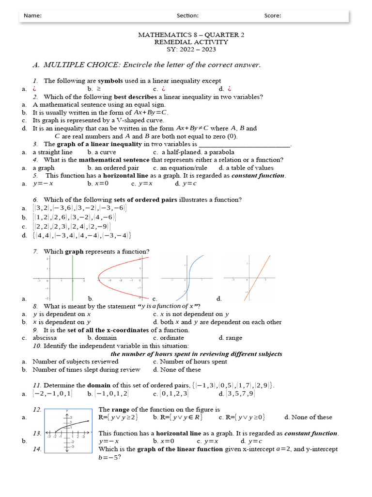 Math 8 - Q2 Remedial Activity | PDF | Function (Mathematics) | Variable (Mathematics)