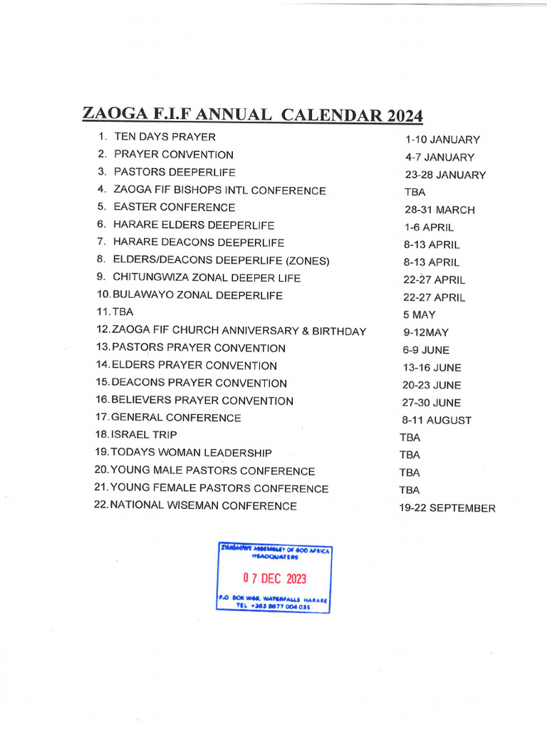 Zaoga Fif Annual Calendar 2024 | PDF