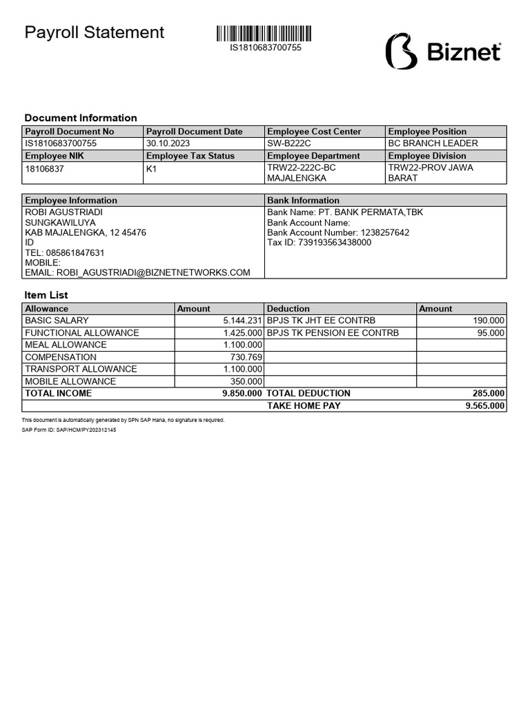 BZ Payroll Slip OKT 2023-Unlocked | PDF | Payroll | Economies