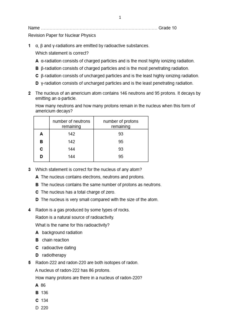 Grade 10 Nuclear Physics Review | PDF | Radioactive Decay | Ionizing ...