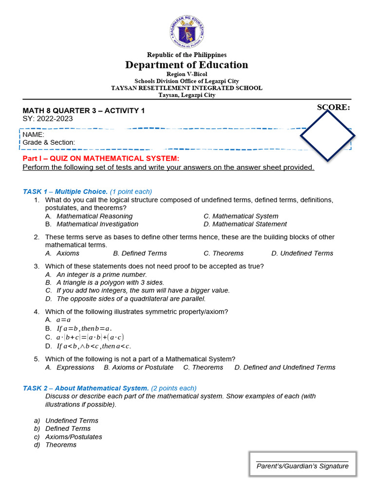 MATHEMATICS 8 QUARTER III - QUIZ 1 | PDF | Axiom | Mathematics