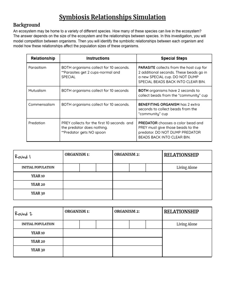 Symbiosis Relationships Simulation-Student Version | PDF | Symbiosis ...