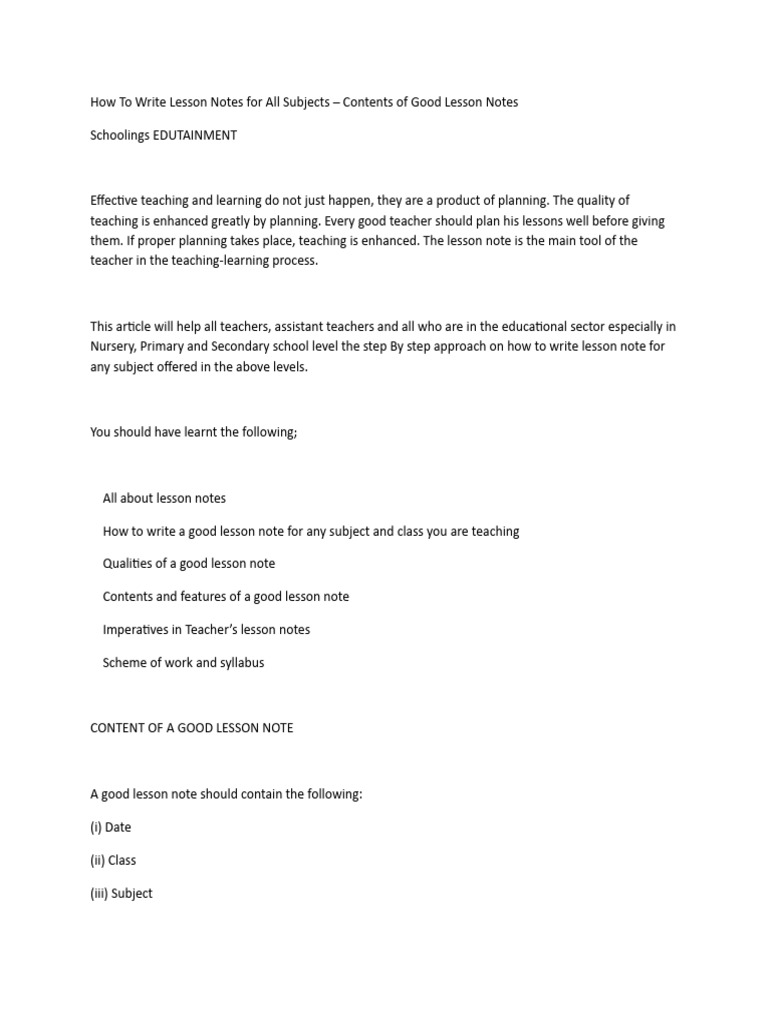 How To Prepare Lesson Note | PDF | Curriculum | Teachers