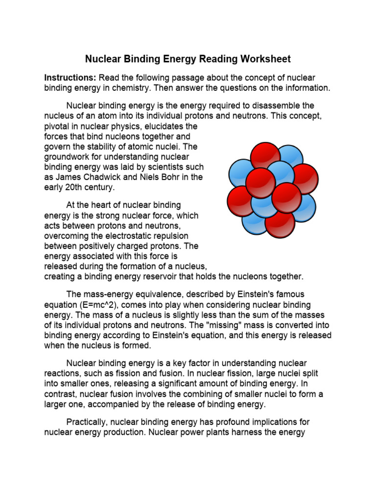 Nuclear Binding Energy Reading Worksheet: Instructions: Read The Following Passage About The ...