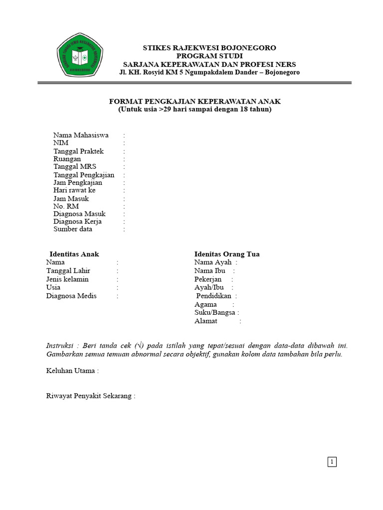 Format Pengkajian Keperawatan Anak S1 Kep | PDF | Pengembangan Diri | Kesehatan Holistik